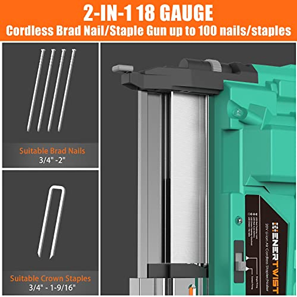 ENERTWIST 20V Cordless Brad Nailer 18 Gauge Nail Gun Battery Powered Including 2.0Ah Li-ion Battery 2 in 1 Cordless Nail/Staple Gun w/Lithium-Ion Battery for Upholstery, Carpentry,Woodworking