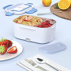 Nifogo Electric Lunch Box Portable 3 In 1 Food Warmer for Car Food Heater 12V 24V 110V 3 in1 Portable Microwave for Car and Home with Detachable 304 Stainless Steel Container and Spoon