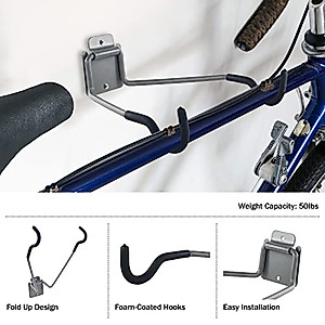 Stalwart Bike Wall Mount Set of 2 - EVA Foam Padded Bicycle Hooks - Flip-Up Garage Bicycle Rack Pair with 50lbs Capacity Each (Pack of 1)