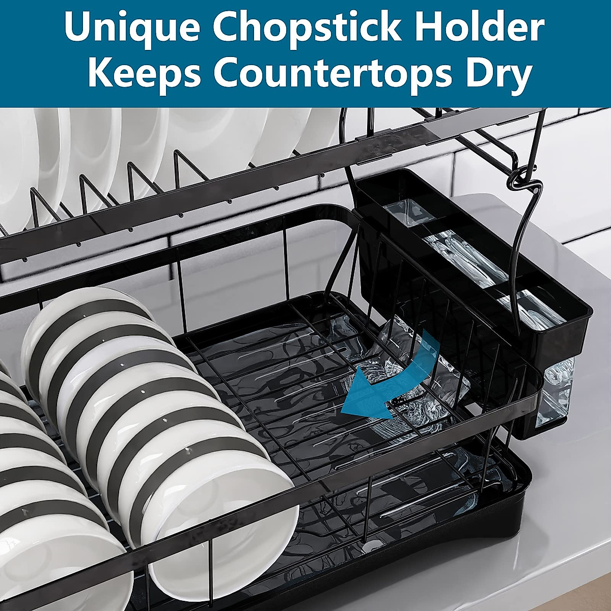 Johamoo Dish Drying Rack with Drainboard, 2 Tier Dish Rack for Kitchen Counter, Large Capacity Dish Drainer Set with Utensils Holder, Black