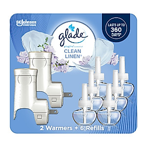 Glade PlugIns Refills Air Freshener Starter Kit, Scented and Essential Oils for Home and Bathroom, Clean Linen, 4.02 Fl Oz, 2 Warmers + 6 Refills