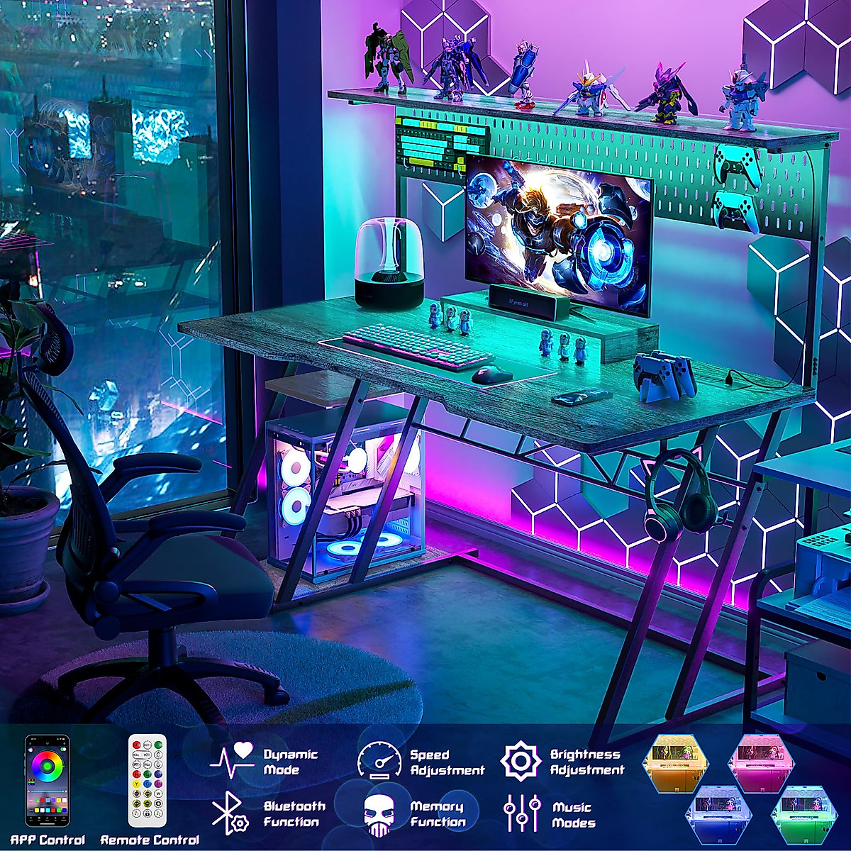 armocity 55'' Gaming Desk with Hutch and LED Lights, Gaming Computer Desk with Storage Shelves & Z-Shaped Legs, Reversible PC Gaming Desk with Pegboard, Ergonomic Desk for Bedroom, Grey Oak