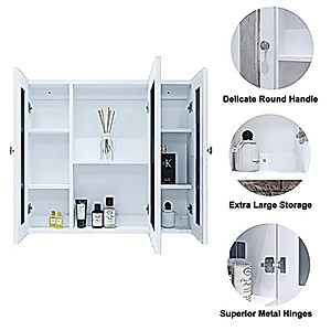 BUBFUL Bathroom Mirror Cabinet Wall Mounted Medicine Pharmacy Cabinets with 3 Doors, Waterproof PVC White Color
