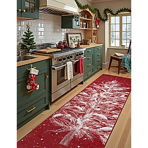 Lahome Christmas Runner Rugs 2x8 Non-Slip Hallway Runner, Washable Christmas Rug Stain Resistant Red Kitchen Runner Rug, Christmas Tree Print Holiday Decor Untra-Thin Runner for Bedroom (Red,2'x8')