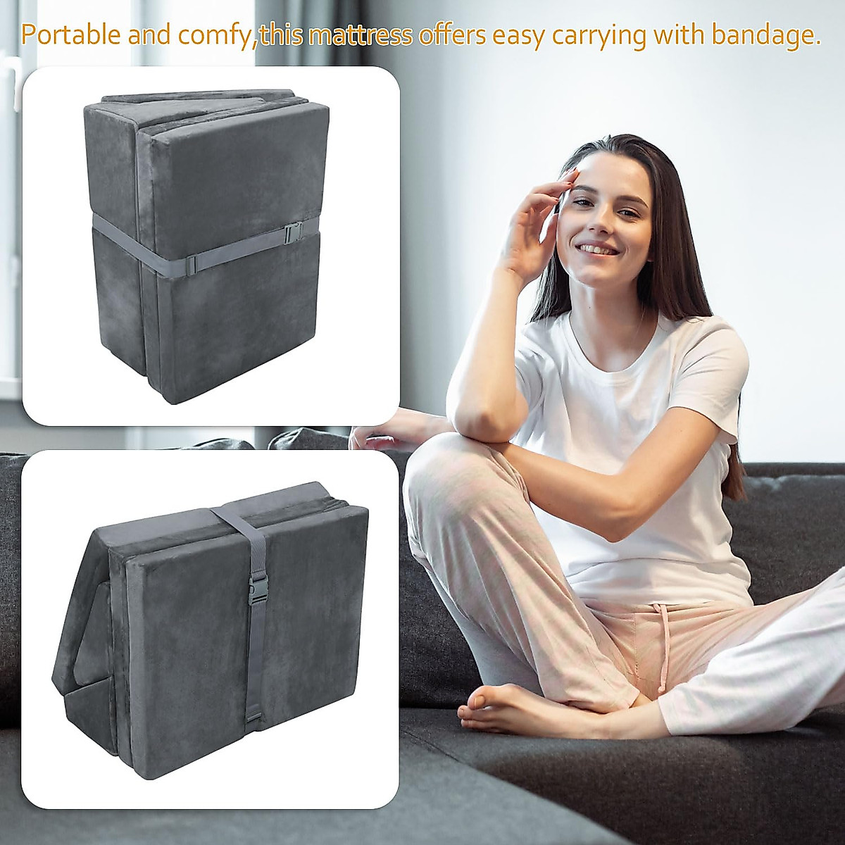 QIUBABYO Multifunctional Foldable Portable Mattress,Foldable Sofa Mattress with Lumbar Support&Buckle Straps for RV Yoga Living Room Bedroom Guest Room Home Office（Dark Gray）