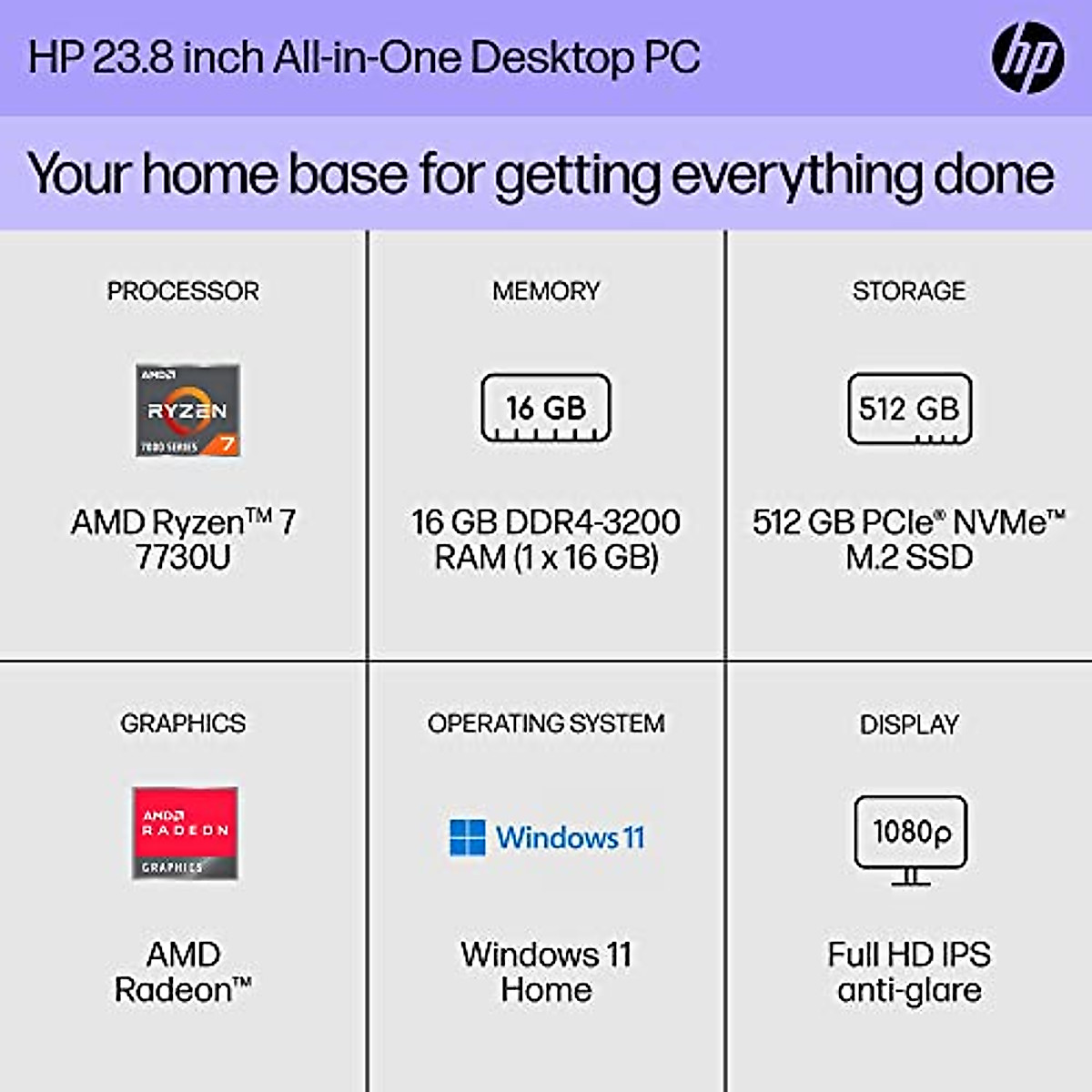HP 23.8 inch All-in-One Desktop PC, FHD Display, AMD Ryzen 7 7730U, 16 GB RAM, 512 GB SSD, AMD Radeon Graphics, Windows 11 Home, 24-cr0090 (2023)