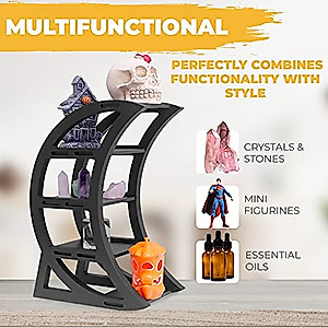 CEFRECO Wooden Crystal Display Shelf - Crystal Holder for Stones and Essential Oil - Black Witchy Decor Crescent Moon Phrase Decorative Shelves for Table Top - Unique Crystal Shelf Display Stand