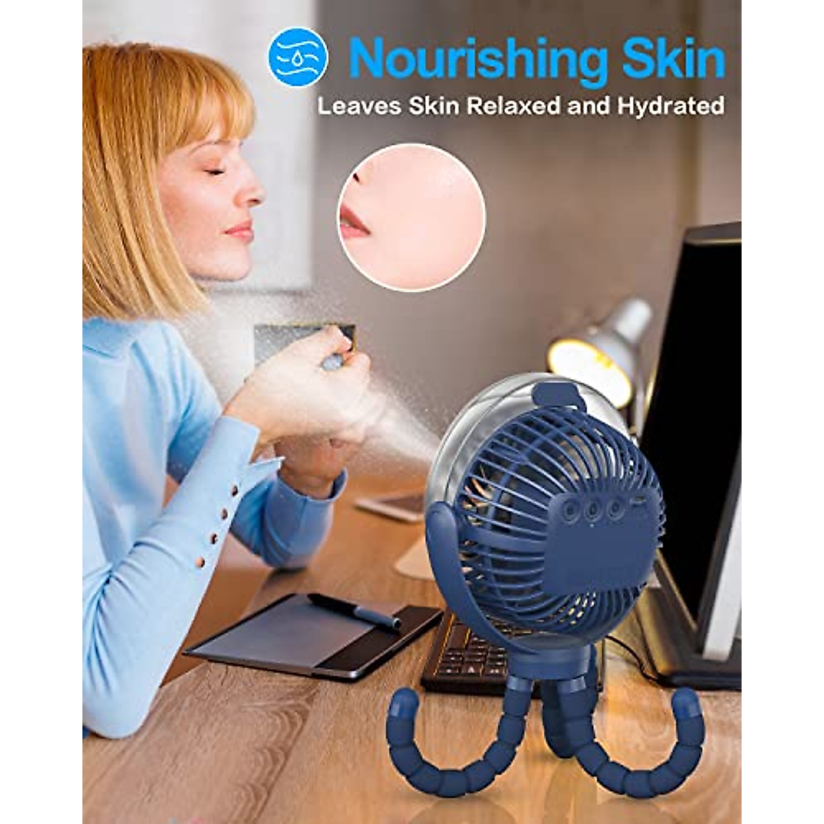 Portable Misting Fan, 6000mAh Stroller Fan with Light & 360° Pivoting Battery Operated Fan, USB Rechargeable Personal Mist Fan with Flexible Tripod for Baby, Office, Travel,Crib,Treadmill,Outdoors