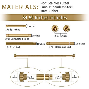YNL Shower Curtain Rod 34-82 Inches (2.8-6.8ft) with 12Pcs Shower Curtain Rings, Adjustable Gold Shower Rod No Drilling, Non-Slip, Never Rust, Stainless Steel, Suitable for Bathroom Window, Gold