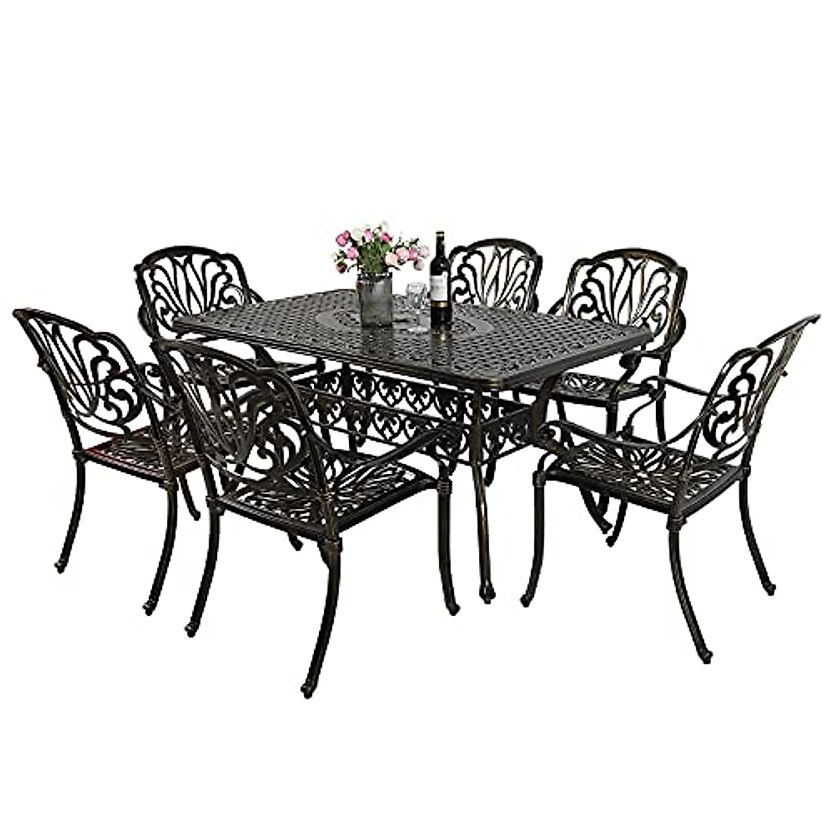 VIVIJASON 7 Pieces Cast Aluminum Outdoor Furniture Dining Set, Include 6 Chairs and a Rectangle Table with 2" Umbrella Hole, Patio Conversation Set for Lawn Garden Porch