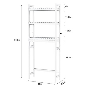 Purbambo Over The Toilet Storage, 3-Tier Bamboo Shelf Organizer Storage Rack with Toilet Paper Holder & 3 Hooks for Bathroom, Balcony, Porch, Laundry - White