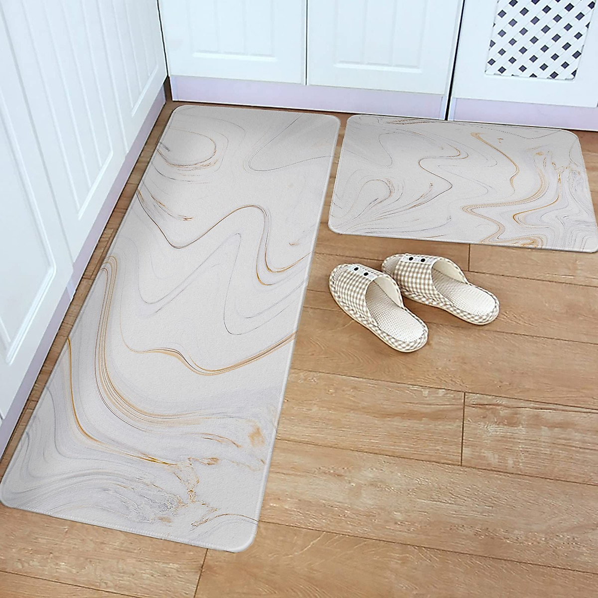 Debedcor Marble Kitchen Rugs and Mats Set of 2, Non-Skid White Bathroom Rugs, Washable Gold and Grey Kitchen Runner Floor Mat for Sink/Laundry Room/Office, 15.7"x23.6"+15.7"x47.2"