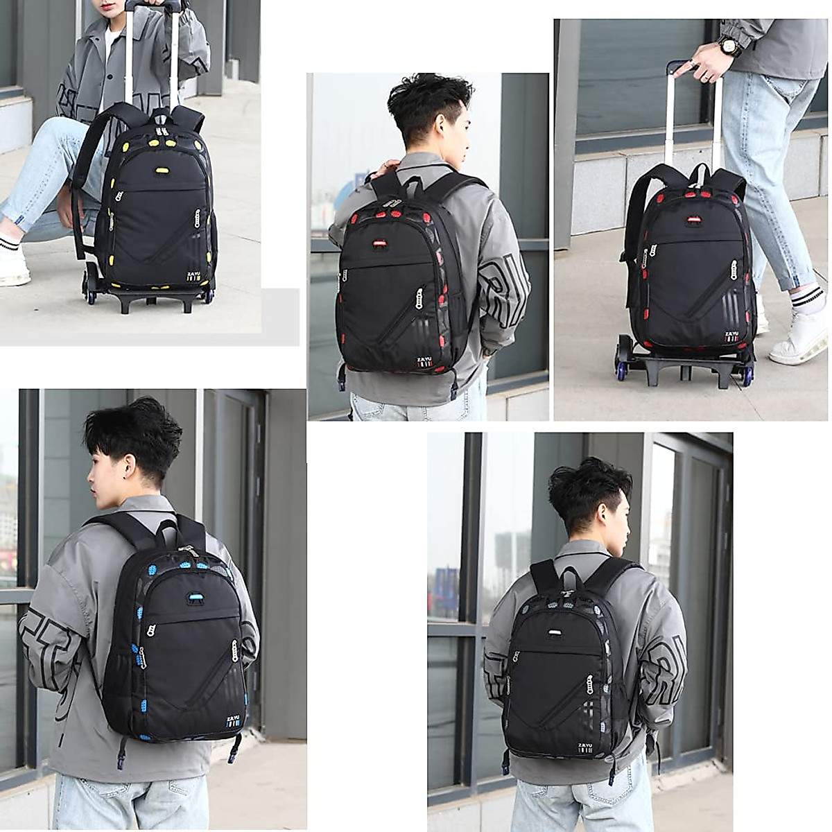 Boys Rolling Backpack Elementary and Middle School Trolley School Bag Large Capacity Wheeled Travel Bag Black/blue-two wheels