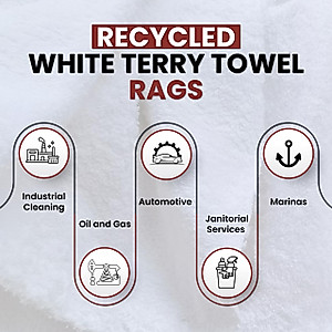 SupremePlus Recycled White Terry Cloth Rags - High Absorbent Terry Towel Cleaning Rags for Cleaning House, Industrial & Workshops, Bulk Shop Rag (10 lbs. Box)