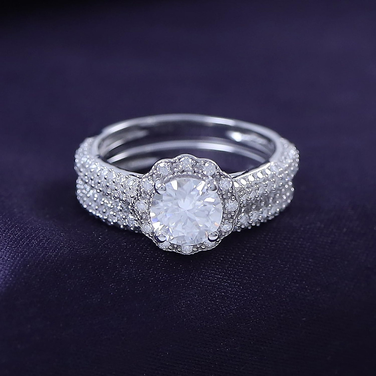 SAVEARTH DIAMONDS 1 1/2 ct. t.w Center 6MM Round Cut Lab Created Moissanite Diamond Double Halo Bridal Set Ring In 14k White Gold Over Sterling Silver (VVS1 Clarity, 1.50 Cttw)-7