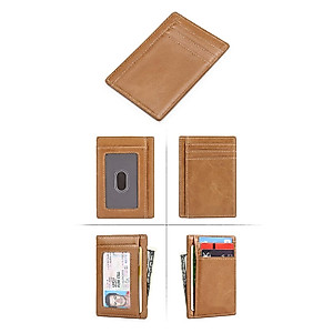 XIMI Men'S And Women'S Minimalist Ultra-Thin Wallets Rfid Front Pocket Leather Card Holder Wallet Fashion Bank Card Coin Purse Case With Id Window Simple Credit Card Holder (Khaki)