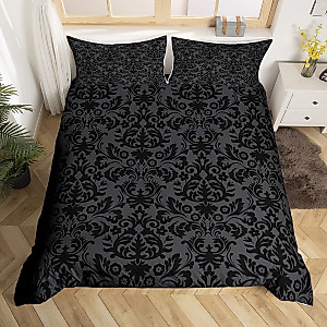 Erosebridal Adults Black Damask Bedding Set Antique Victorian Baroque Duvet Cover King Gothic Vintage Floral Comforter Cover Bohemian Exotic Bedspread Cover Microfiber Grey Room Decor 2 Pillow Cases