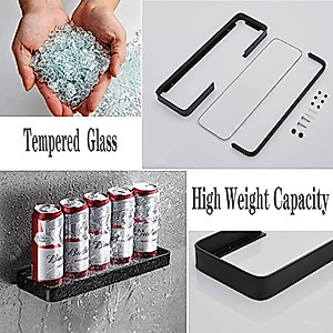 VOLPONE Bathroom Wall Shelf Black Glass Shelves 15.7in Bathroom Shelves with Towel bar Towel Shelf Wall Mounted 2 Tier