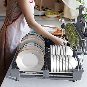 Ollieroo Dish Drying Rack, Rustproof Dish Racks for Kitchen Counter with Removable Utensil Holder,Knife Slots and Cups Holder,Large Capacity Drying Rack for Storage Plates Bowls Cups Utensil(Grey)