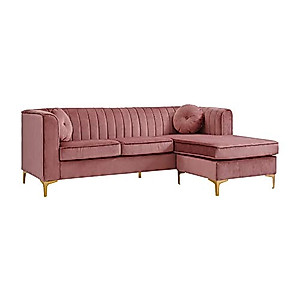 Iconic Home Brasilia Modular Chaise Sectional Sofa Velvet Upholstered Vertical Channel Quilted Seat Back Solid Gold Tone Metal Y-Legs with 2 Throw Pillows Modern Contemporary, Blush