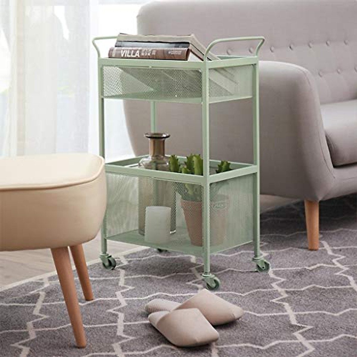 Magazine & Newspaper Baskets Magazine Rack Wrought Iron Rack Wheeled Living Room Book Storage Basket Bedroom Bedside Locker Living Room Storage Cart Floor-Standing Multi-Layer Storage Rack