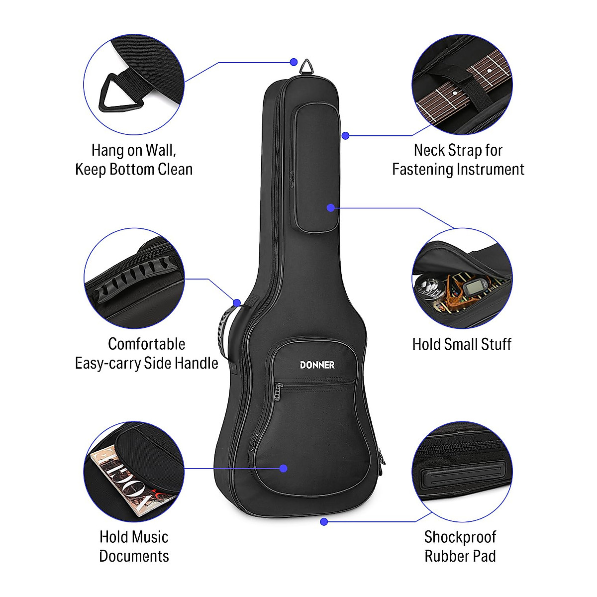 Donner 39 inch Electric Guitar Bag Gig Bag, 0.4 Inch Padded Sponge 600D Ripstop Waterproof Nylon Dustproof Soft Electric Guitar Case Adjustable Strap Black