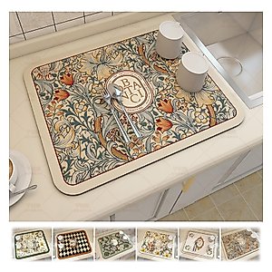 Fantasy Style Draining Mat, Absorbent Dish Drying Mat, Drying Pads for Kitchen Counter, Vintage Floral Plates Non-Slip Drain Pad Quick Dry Mats Kitchen Accessories (A)