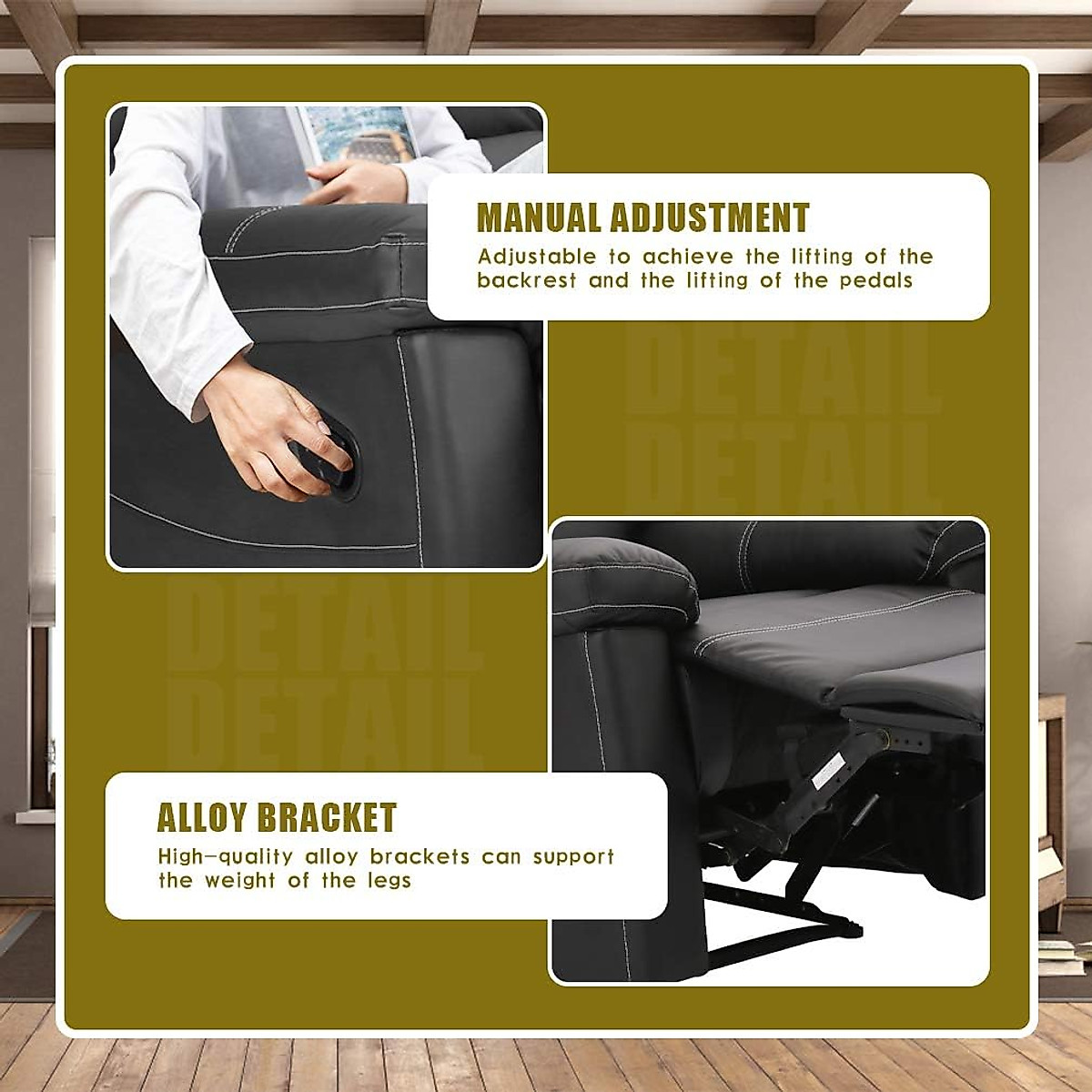 FDW PU Leather Sofa Recliner Couch Recliner Sofa Manual Reclining Sofa for Living Room Black