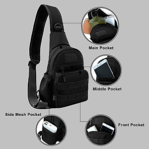 BraveHawk OUTDOORS Sling Chest Bag, 900D Nylon Tactical MOLLE Compact Crossbody Hiking Cycling Pack (Black)
