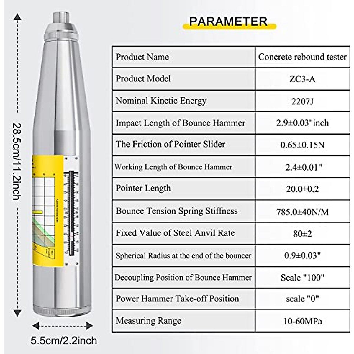 CGOLDENWALL Concrete Rebound Hammer Tester Resiliometer Test Meter Tool within The scope of 1450.38psi-8702.26psi (10-60Mpa) ZC3-A with English Label and Calibration Certificated (Old or New Panel)