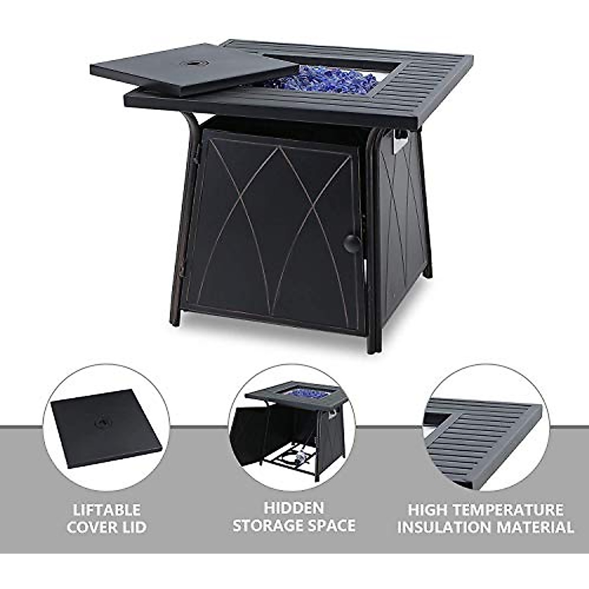 PHI VILLA 28" Gas Fire Pit Table Patio Furniture Set, 50000 BTU Auto-Ignition Outdoor Propane Gas Fire Pit Square Table with 4 Patio Swivel Chairs for Patio, Yard, Deck