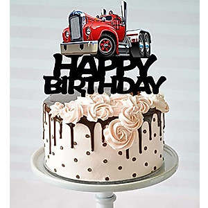 Heavy Truck Cake Topper Black Acrylic Transportation Theme Birthday Supplies, Heavy Truck Happy Birthday Cake Topper for Kid's Boy's Men' Birthday Party Decorations（Red）