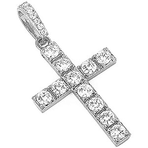 Iced Out Cross Pendant on Tennis Chain for Men or Women - Bling'ed Out Hip Hop Jewelry on Blast! - Gold or Silver and Size Your Choice - TN001 Cross (16" Silver)