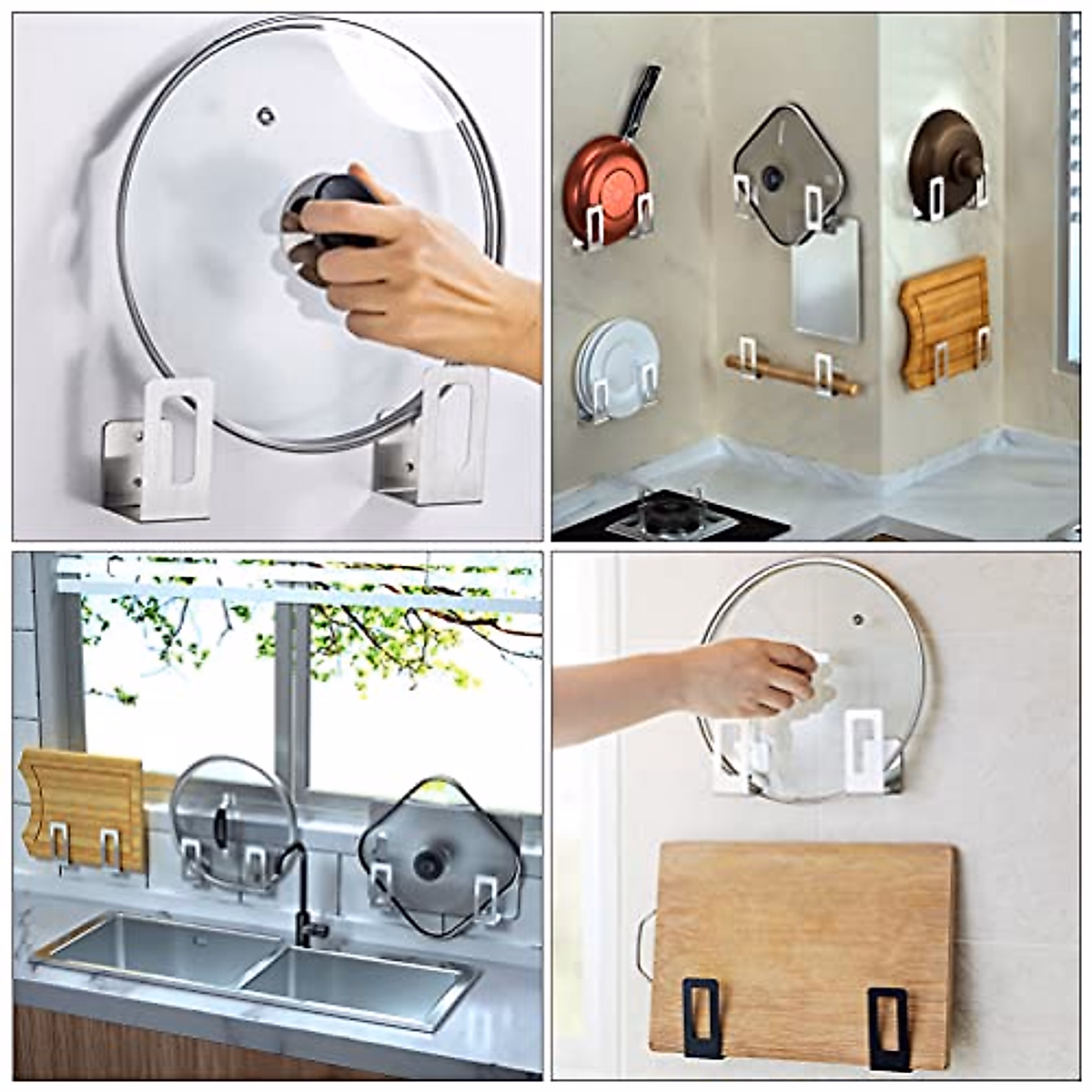 DOITOOL Shelving Brackets 4Pcs Free Punch Pot Lid Holder Storage Organizer Rack Stainless Steel Kitchen Wall Mounted Storage Rack for Pot Cover Chopping Board Wall Hung Clothes Drying Rack