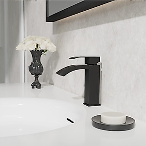 Phiestina Matte Black Waterfall Single Handle One Hole Bathroom Sink Faucet, Square Single Hole Basin Faucet with Metal Pop-up Drain with Overflow and Water Supply Line, BF01049-N1-MB