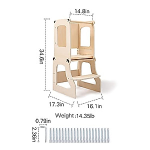 Wooden Kids Step Stool Helper with Safety Rail, Toddlers Learning Chair Adjustable Height Stepping Stand with Drawing Blackboard Child Standing Tower Helper for Bathroom and Kitchen