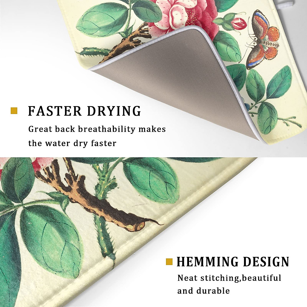 Beautiful Butterfly Flowers Dish Drying Mat Harmonious Nature Design Draining Mats Ultra Absorbent Microfiber Dish Rack Machine Washable and Super Fast Drying Pad for Kitchen Counter