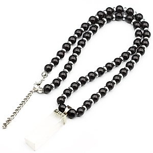 ElisaJewelryArt - Natural Raw Selenite Pendant Natural Black Onyx Beaded Necklace Genuine Gemstone Angel Stone Clasp Closure Hematite Necklace Unisex Necklace (22, Raw Selenite)