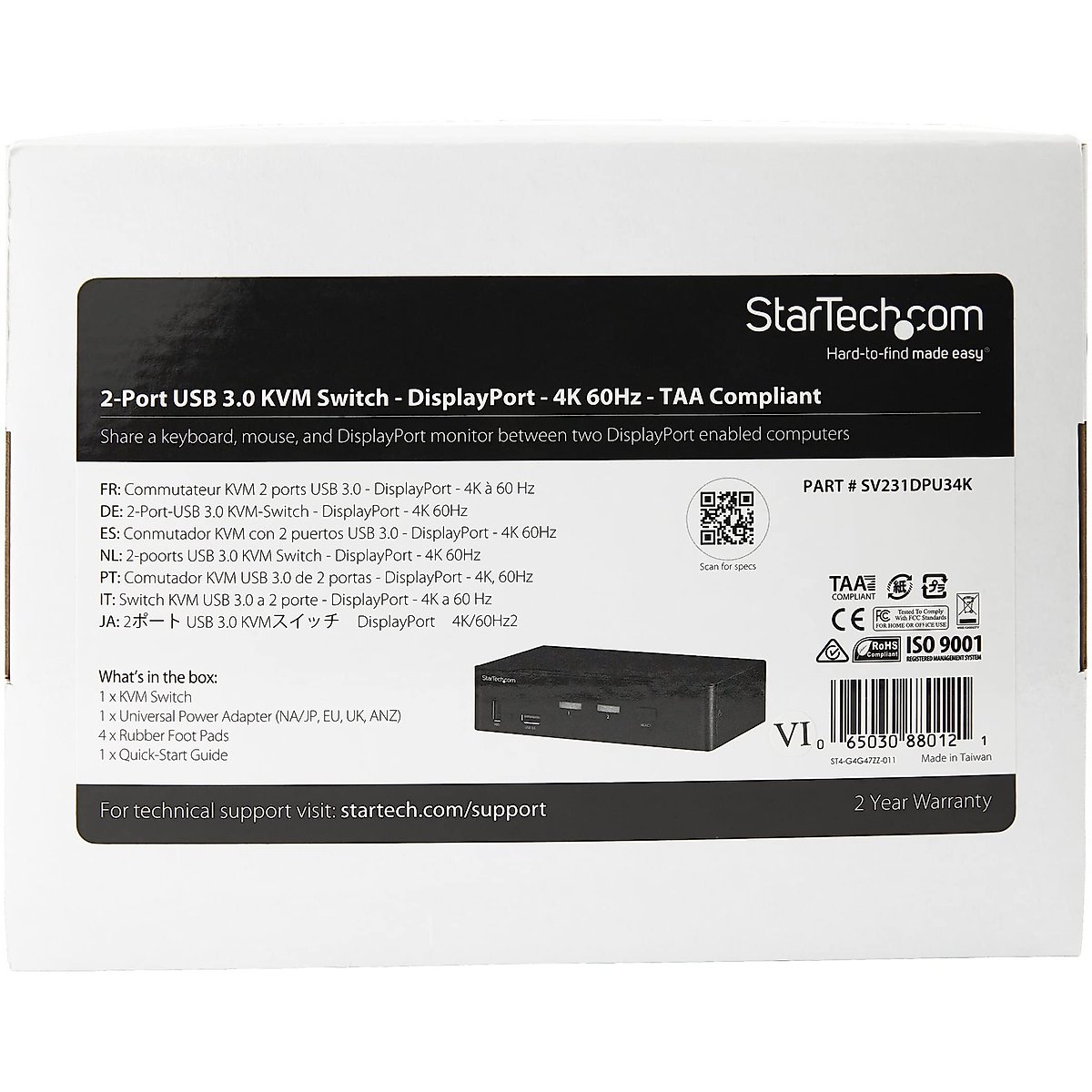 StarTech.com 2 Port DisplayPort KVM Switch - 4K 60Hz - Single Display - Dual Port UHD DP 1.2 USB KVM Switch with Integrated USB 3.0 Hub & Audio-Dell HP Apple Lenovo-TAA Compliant (SV231DPU34K), Black