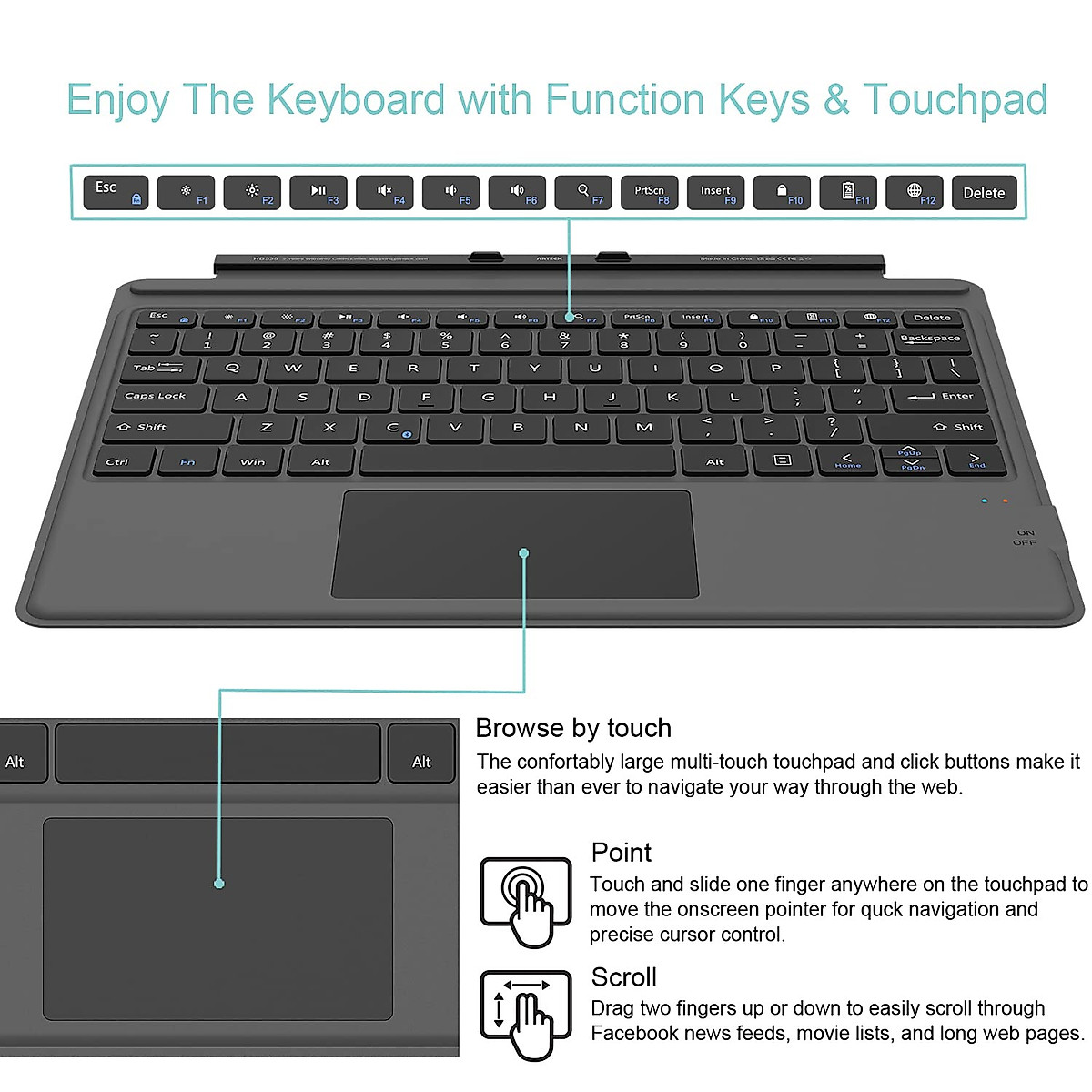 Arteck Microsoft Surface Pro Keyboard Type Cover, Ultra-Slim Portable Bluetooth Wireless Keyboard for Latest Surface Pro 10, Pro 9, Pro 8, Pro X with Touchpad Built-in Rechargeable Battery