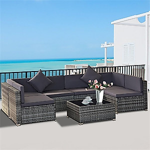 KUJYBG Grey Patio Furniture Set 7 Piece Outdoor Rattan Wicker Furniture Modular Sectional Patio Set for Backyard