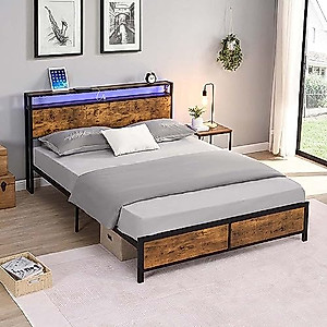 Anwick Metal Queen Bed Frame with Storage Headboard and 2 USB Ports,Industrial Bed Frame Queen Size with LED Lights and Underbed Storage,Noise Free, No Box Spring Needed (Queen)