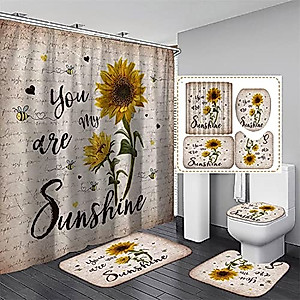 AZHM Sunflower Shower Curtain Sets with Rugs 4PCS You are My Sunshine Bathroom Decor Set Waterproof Shower Curtain Non-Slip Rugs Toilet Rugs Bath Mats Bathroom Curtains Shower Set with 12 Hooks