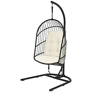 SAWQF Hanging Wicker Egg Chair w/ Stand Cushion Foldable Outdoor Indoor Beige/Gray ( Color : E )