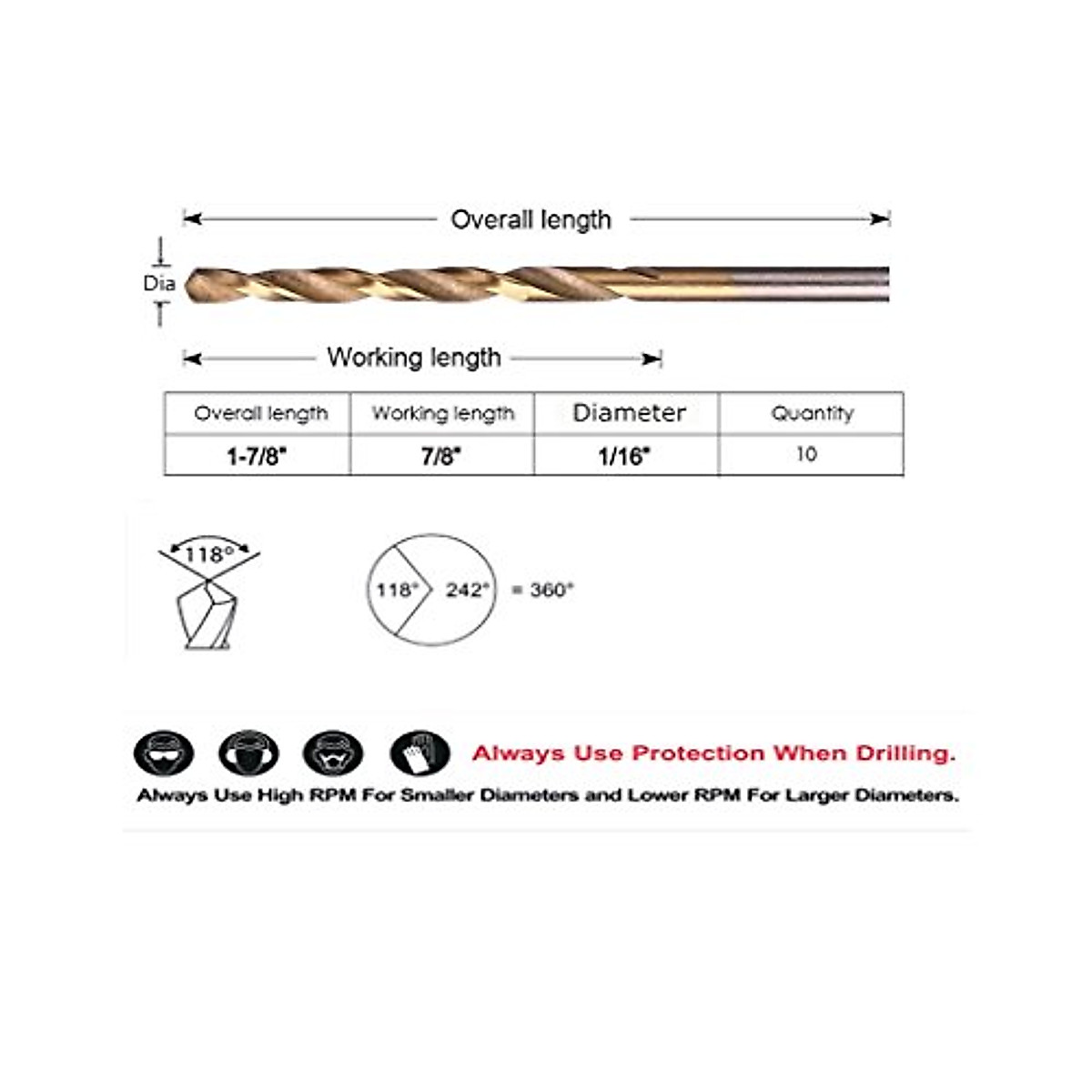 Pack of 10,【1/16 "】 x 1-7/8" Titanium Coated HSS Twist Drill Bits.Jobber Length.for Wood,Metal & Plastic,General Purpose.