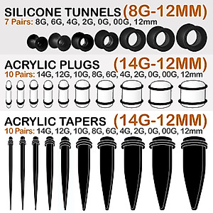 BodyJ4You 54PC Ear Stretching Kit 14G-12mm - Aftercare Jojoba Oil - Black Acrylic Plugs Gauge Tapers Silicone Tunnels - Lightweight Expanders Men Women