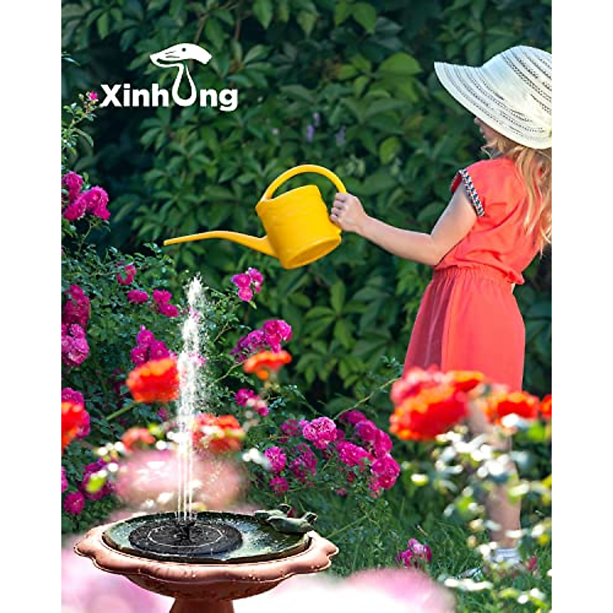 Xinhong Solar Fountain or Bird Bath, 1W Solar Bird Bath Fountains Pump with 10 Nozzles, 5.1" Mini Solar Powered Water Fountain Outdoor Watering Submersible Pump for Garden, Ponds, Pool, Fish Tank