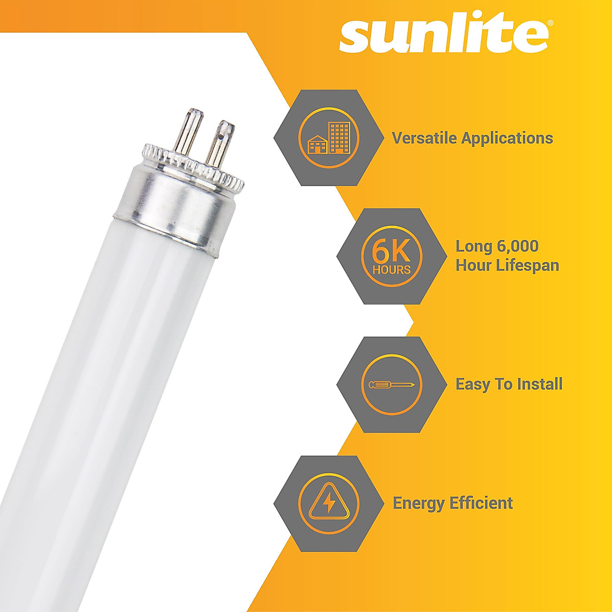 Sunlite 05065 F8T5/WW T5 Linear Fluorescent Lamp, 8 Watts, 380 Lumens, 2700K Soft White, Miniature G5 Bi-Pin Base, ROHS Compliant, High Performance Straight Tube, 10 Pack