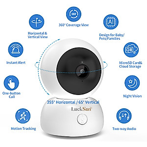LuckSun 2K 1296P Indoor Security WiFi Camera Wireless One Button 2-Way Talk PTZ Smart Tracking Pet Baby Camera 360 View with Human & Sound Detection, Night Vision, SD Card Slot.