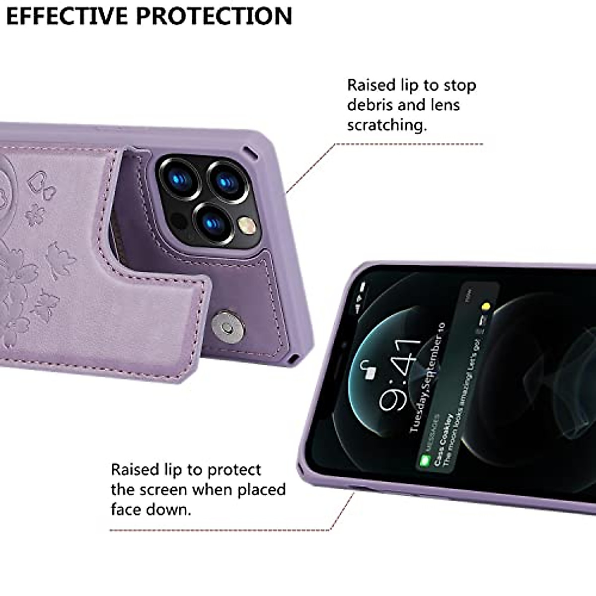 iCoverCase for iPhone 12 Pro Max Wallet Case with Card Slots Holder and Wrist Strap [RFID Blocking] Embossed Leather Kickstand Magnetic Clasp Shockproof Cover 6.7 Inch (Heart Purple)